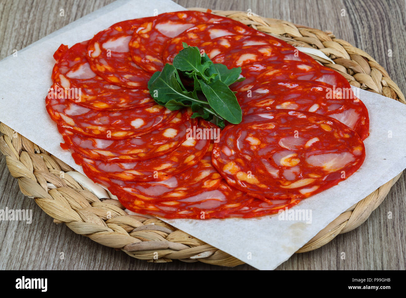 Traditional Spanish salami - Chorizo sausage on the wood background ...