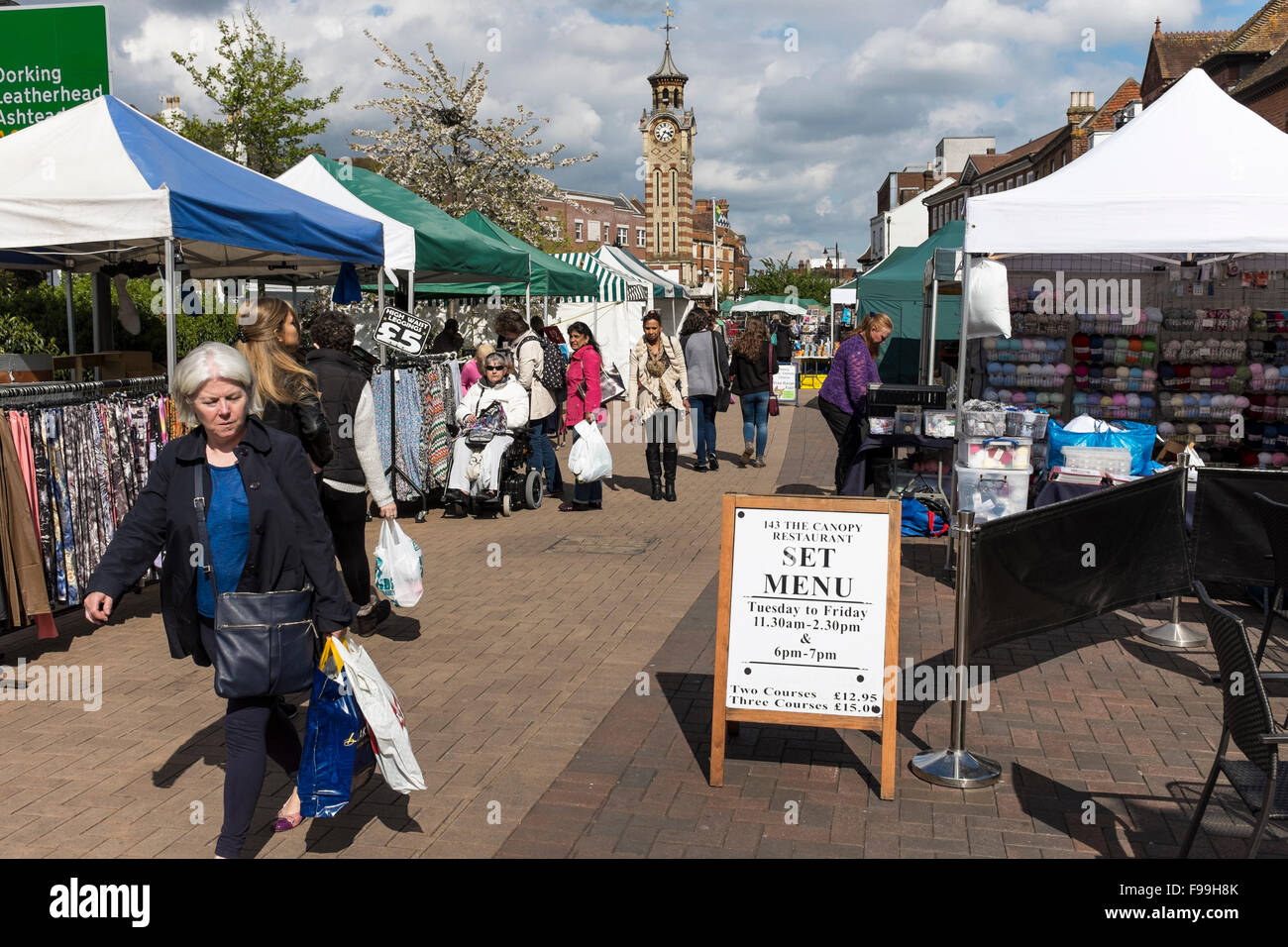 Outdoor market along High Street in Epsom, Surrey, UK Stock Photo - Alamy