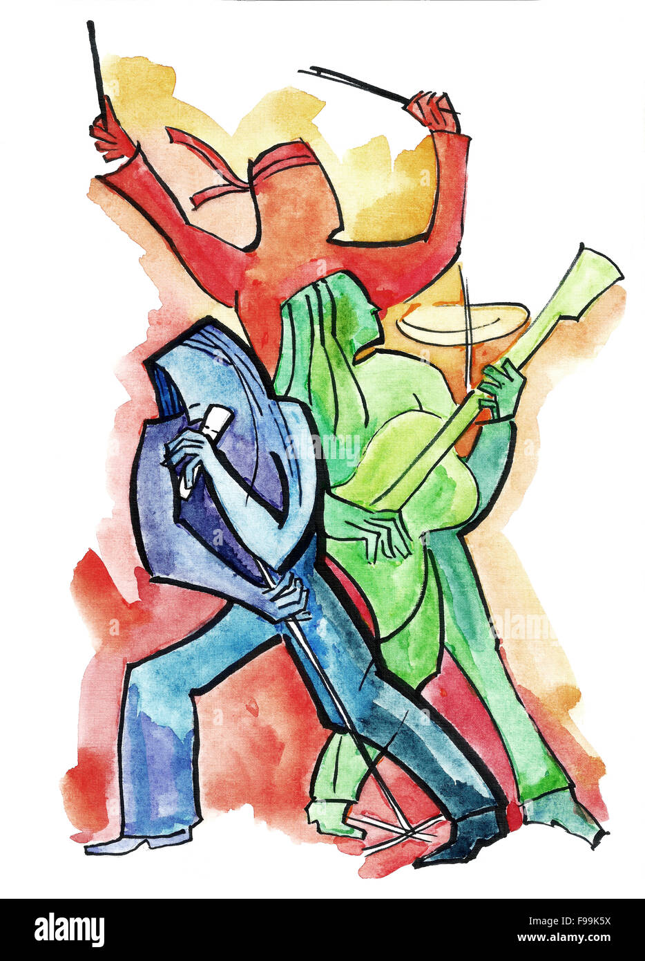 Jazz trio on the stage. Singer, guitarist and drummer perform jazz song ...