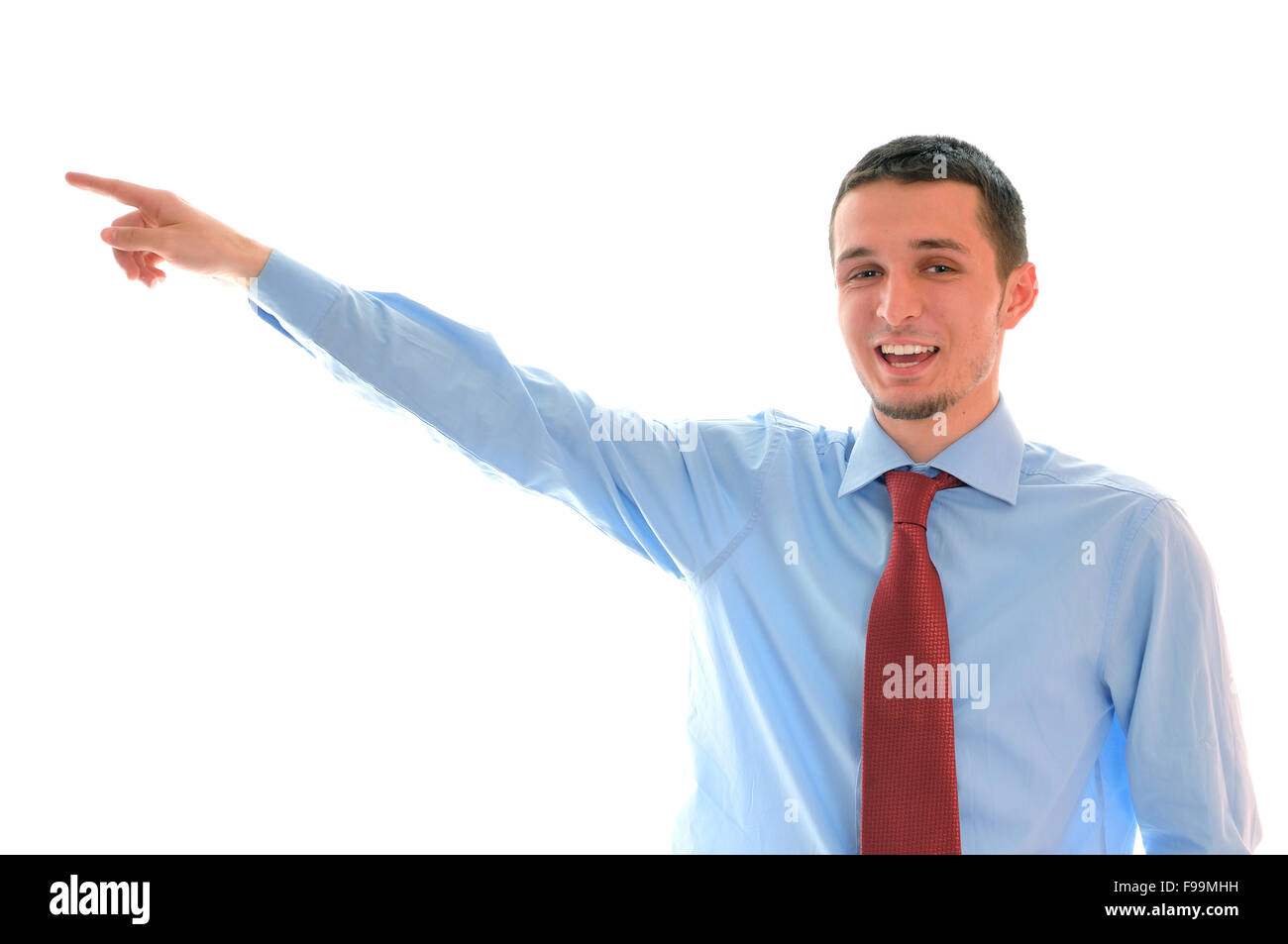 young business main with red tie pointing direction with finger and ...