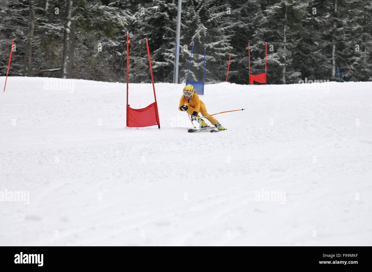young skier race fast downhil at winter snow scene Stock Photo - Alamy
