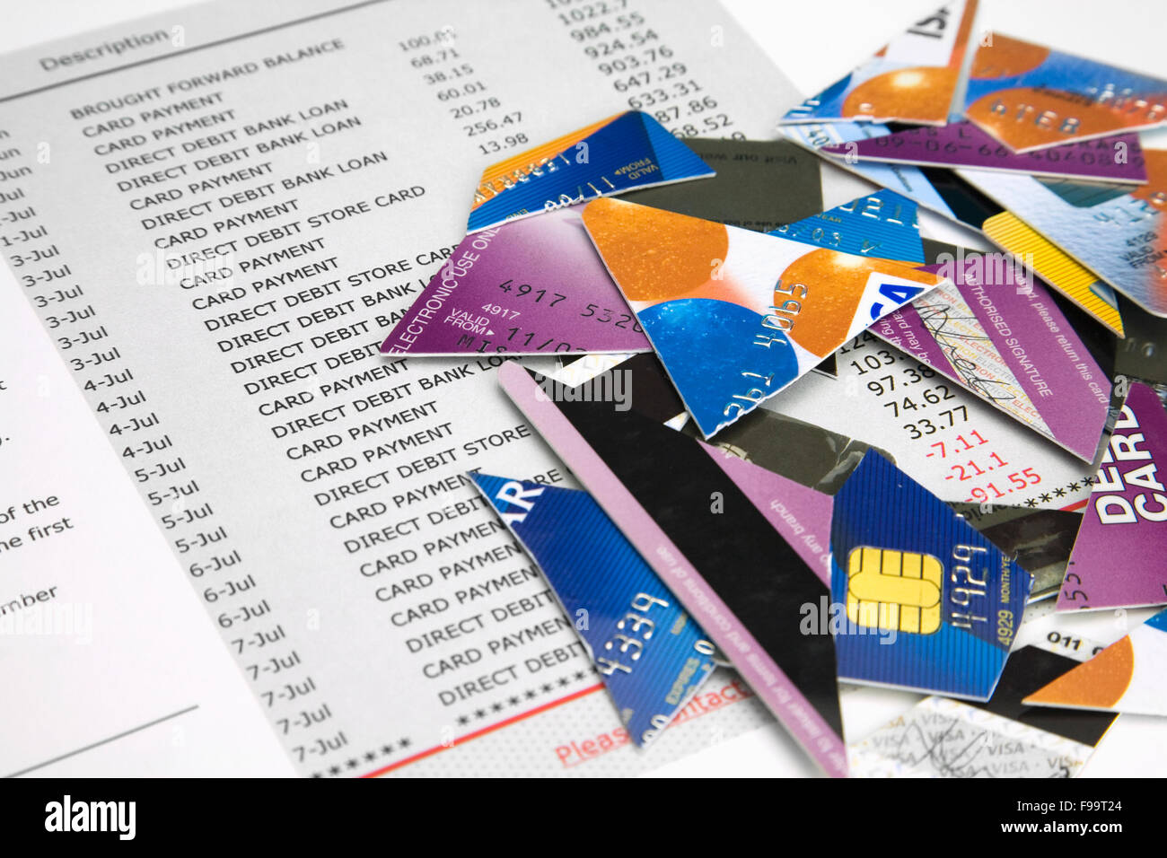 Selection of cut up Credit Cards on top of fake Bank Statement Stock ...