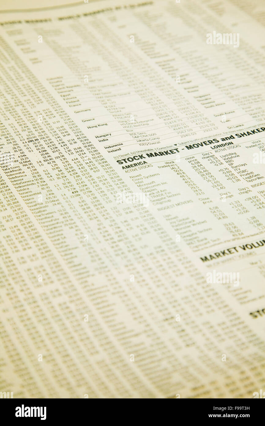 News paper Stock market financial page showing stocks and shares Stock ...