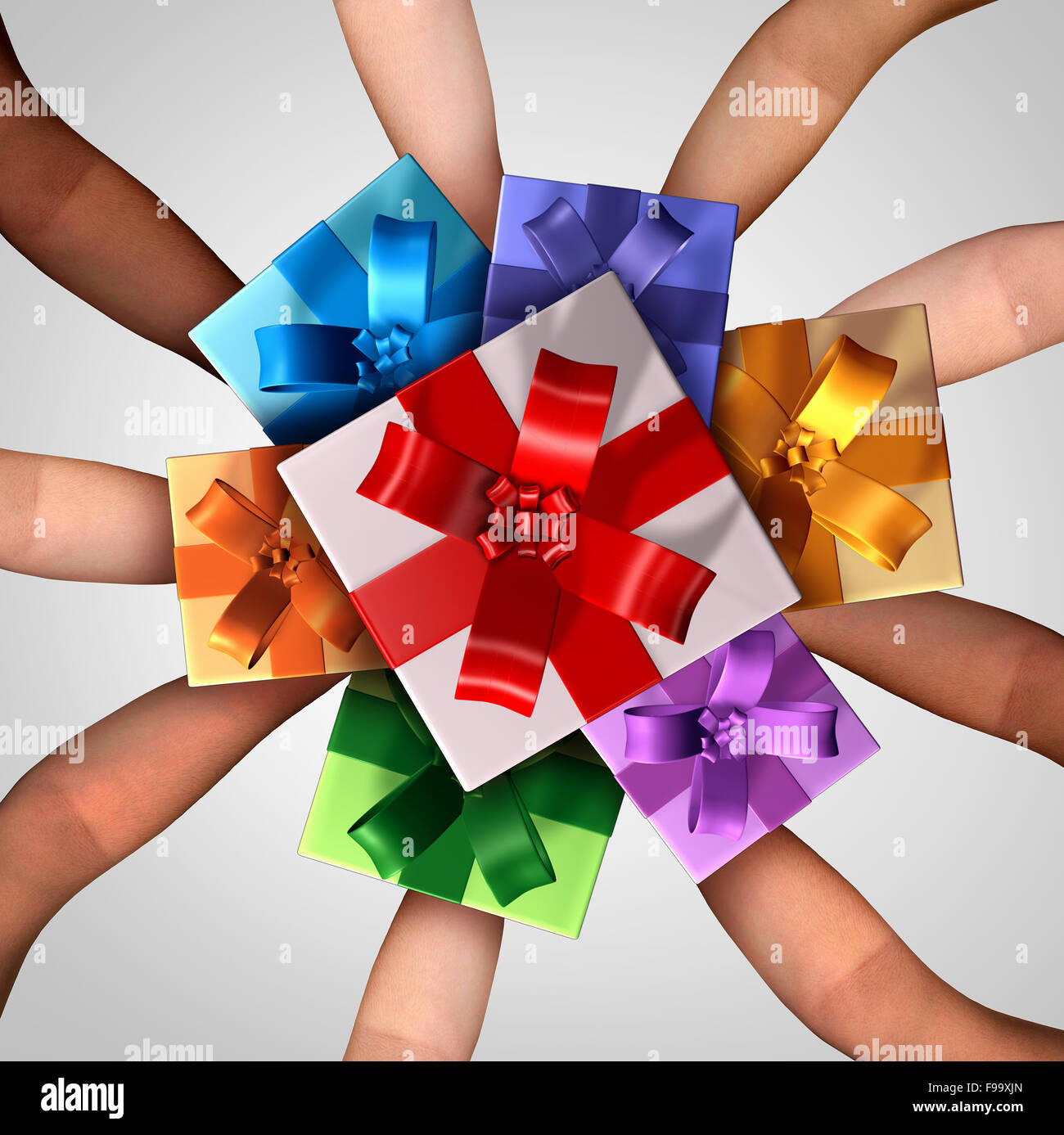 People giving gifts concept as a group of diverse arms holding a bunch ...