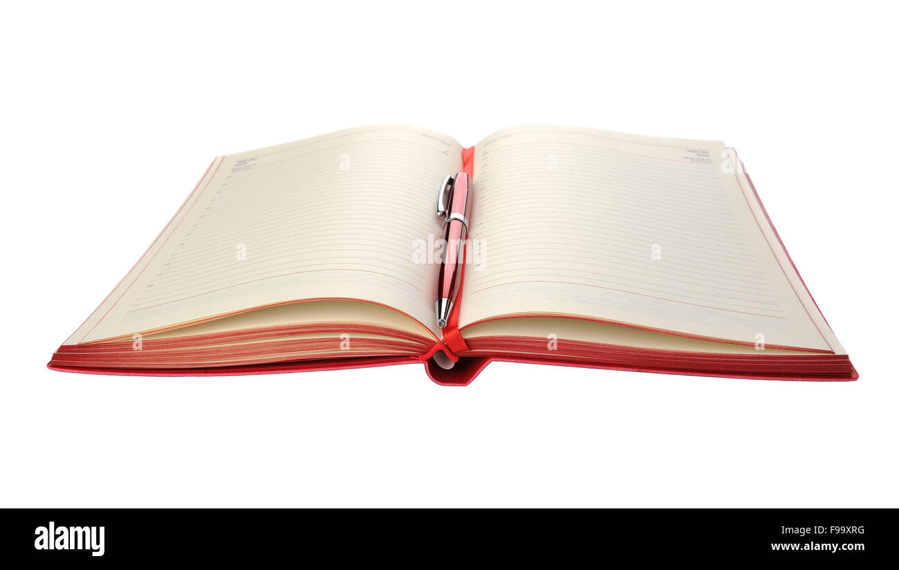 Red diary and pen isolated on white background Stock Photo - Alamy