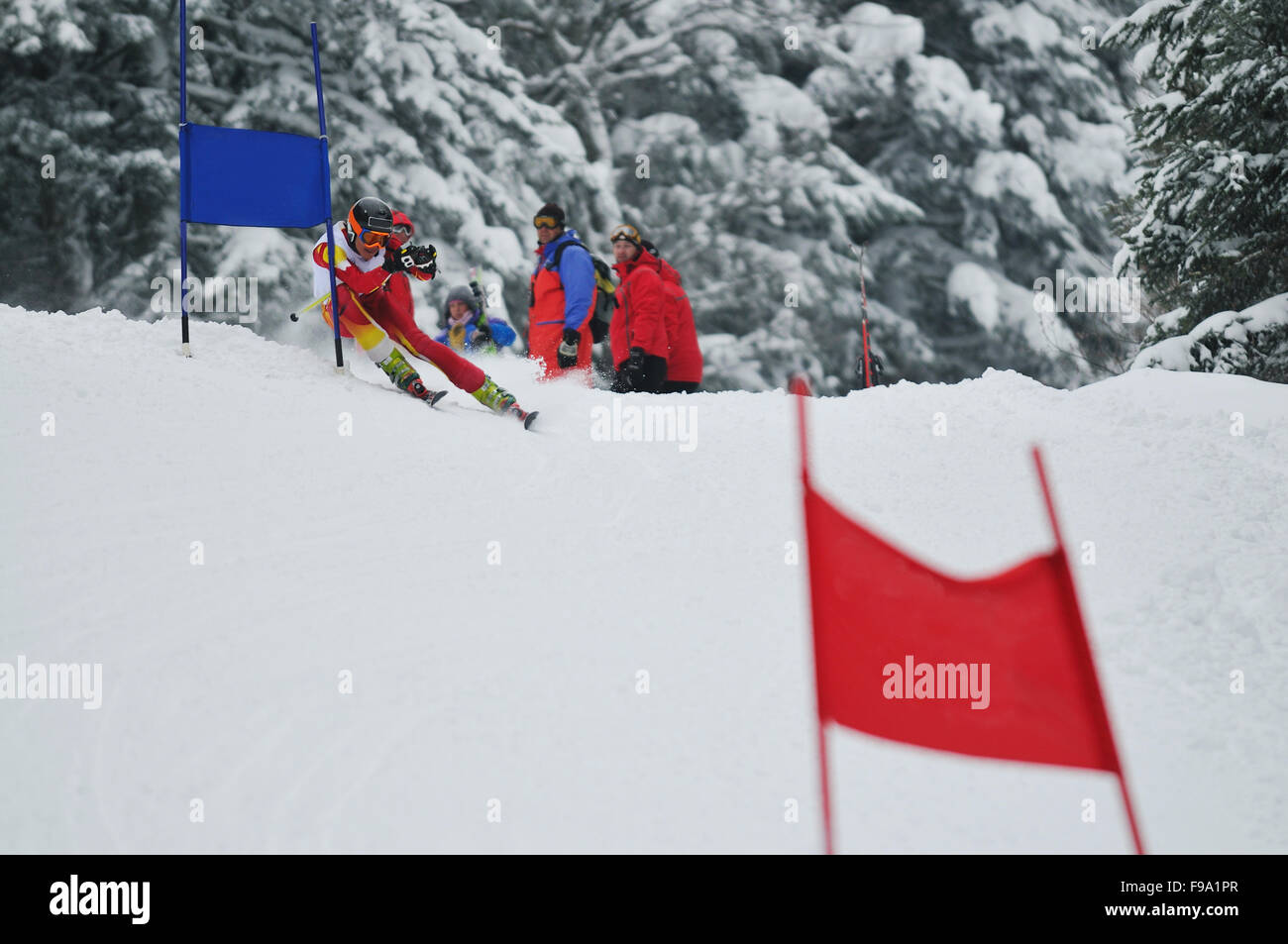 young skier race fast downhil at winter snow scene Stock Photo - Alamy