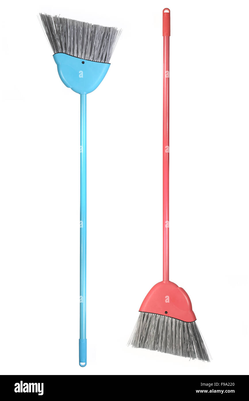 Blue Household Brooms Isolated Stock Photo - Alamy