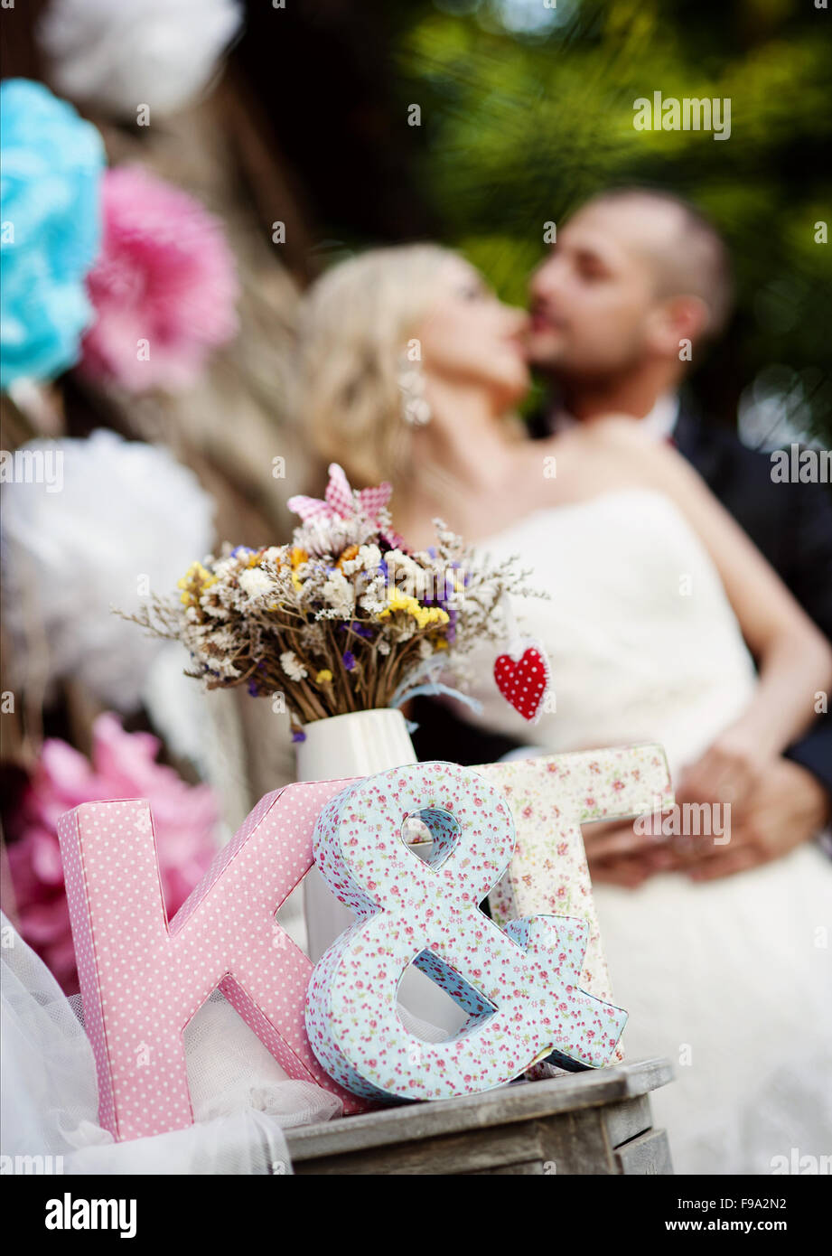 Beautiful bride and groom at their vintage style wedding Stock Photo ...