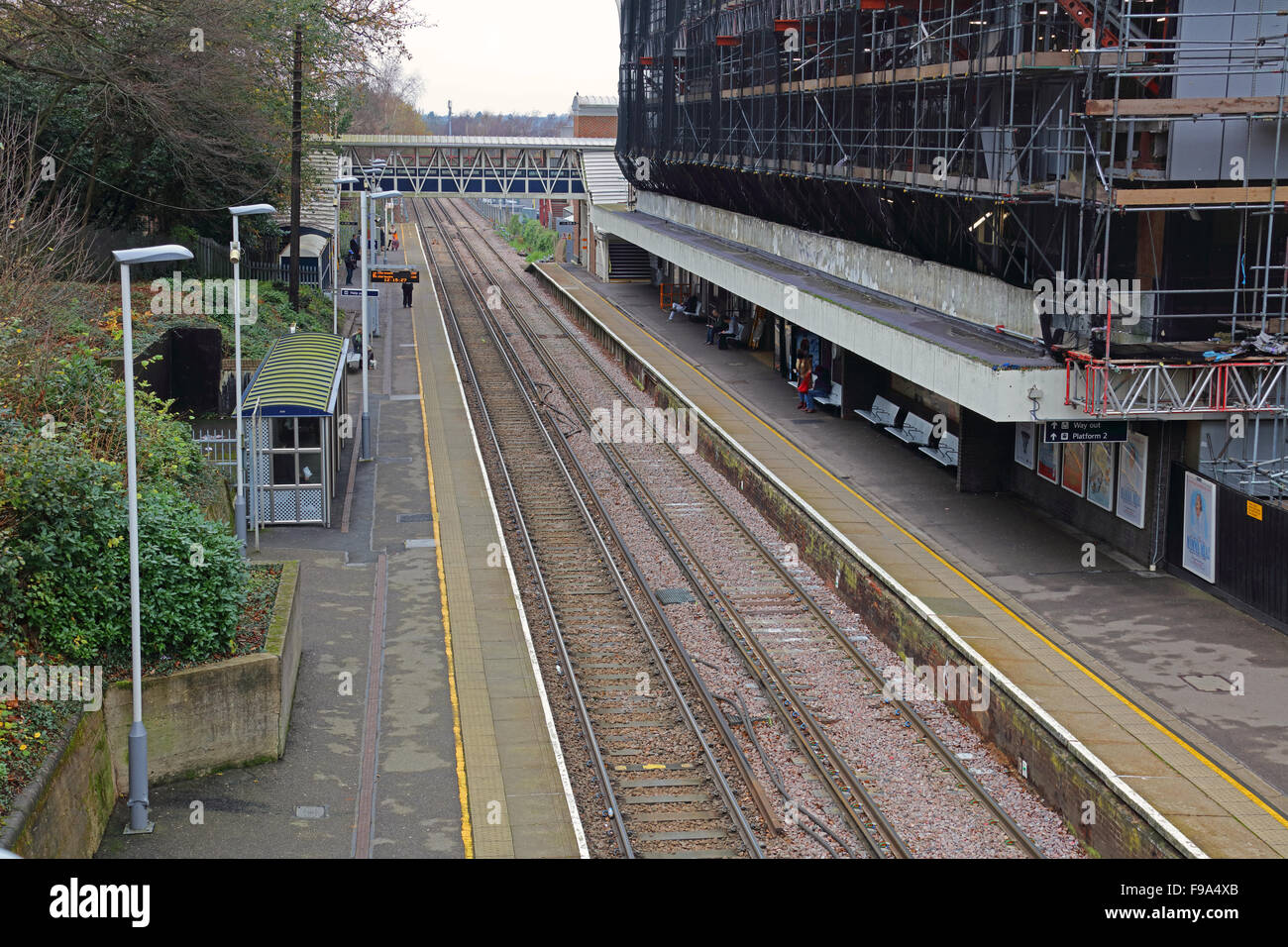 The view along the platforms towards the signal on third rail ...