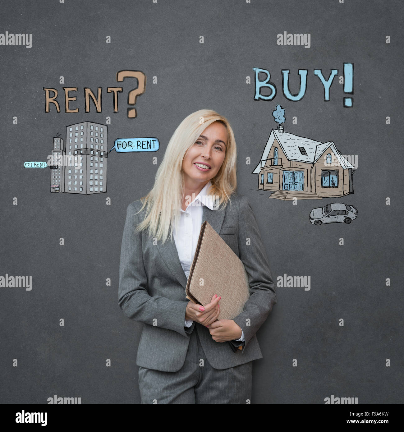 Buy or rent realty. Business woman thinking and choosing, Mortgage ...
