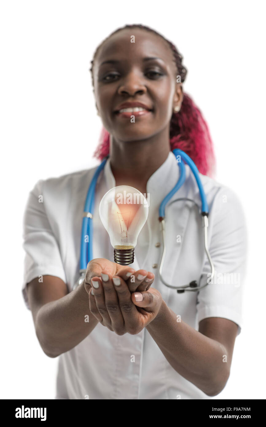 Young african female doctor have an idea holding light bulb in her ...