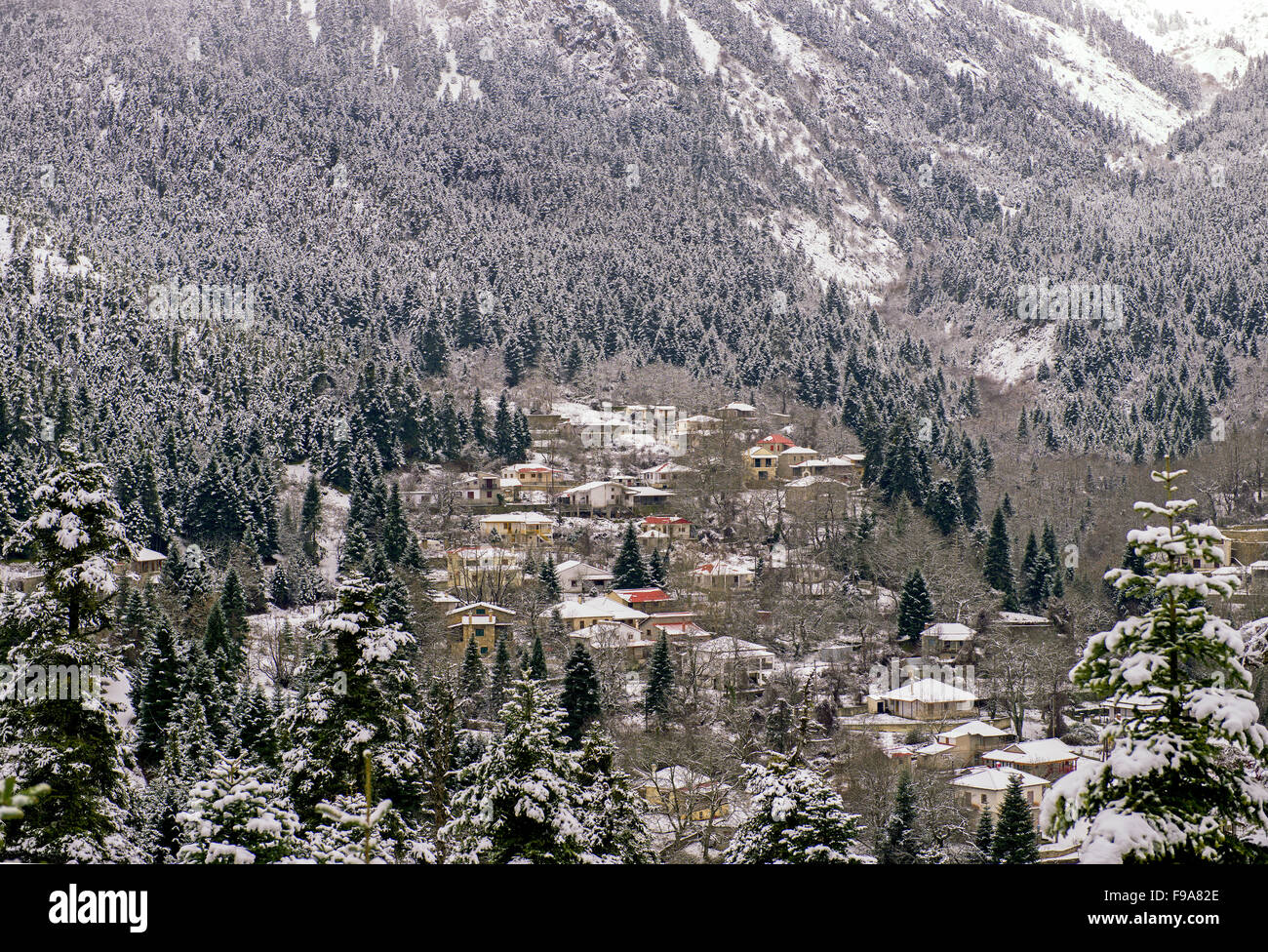 View of Athanasios Diakos village at the foot of the snowy Vardousia ...