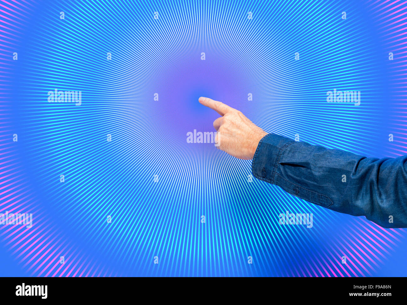 pointing male hand in blueish radial lined back Stock Photo - Alamy