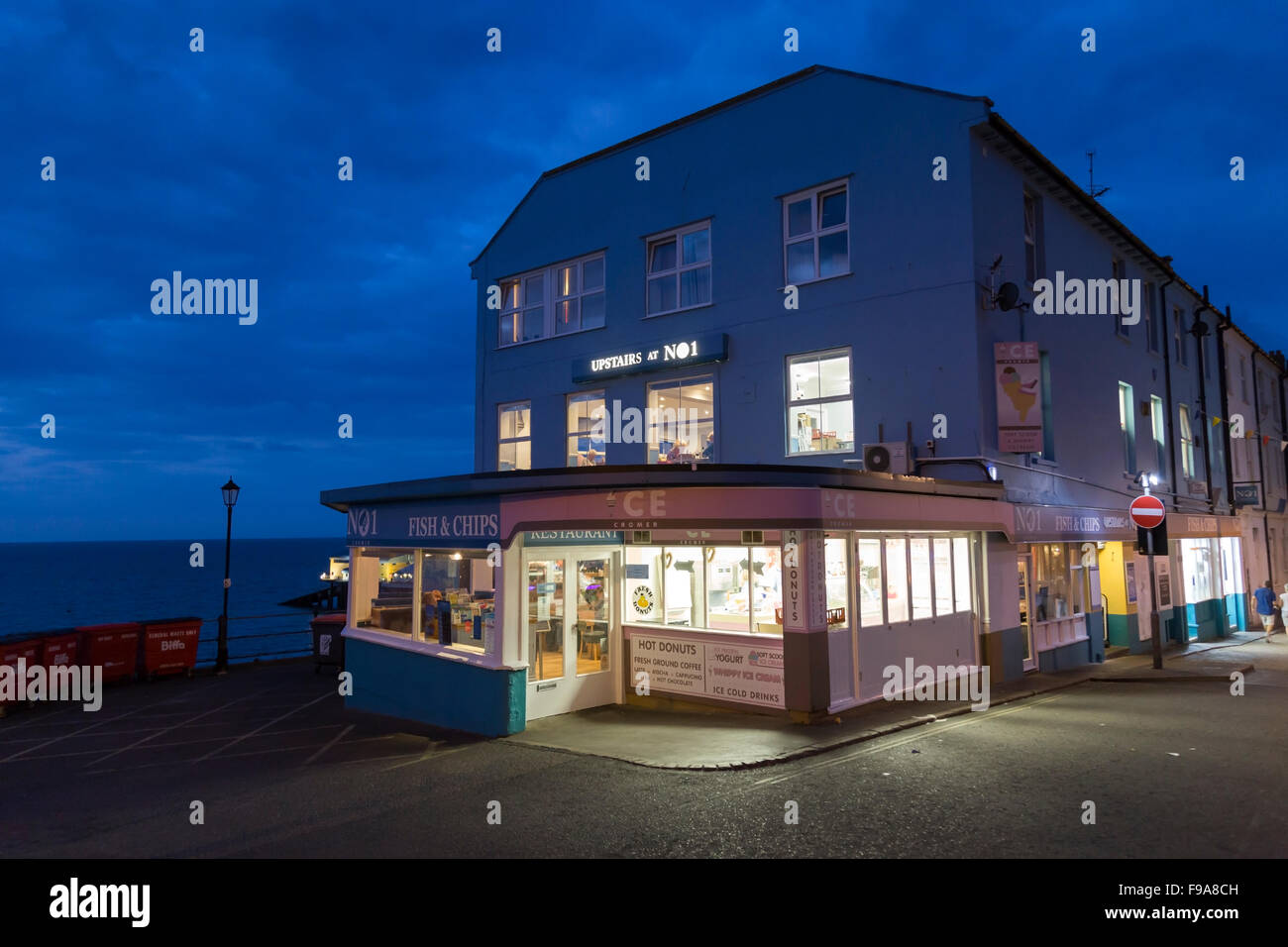 Fish and chip restaurant at night in Cromer on the Norfolkcoast England ...