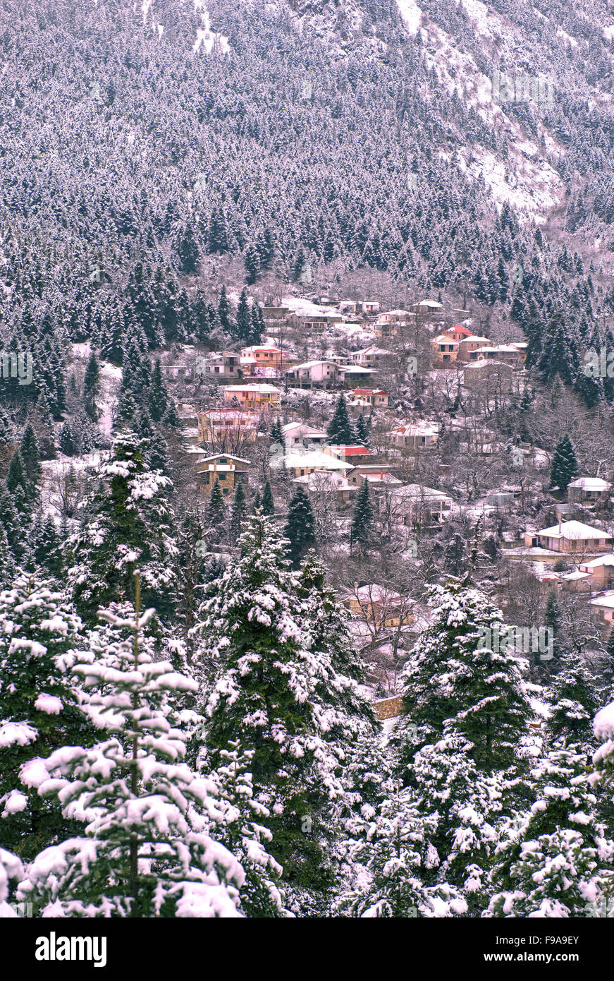 View of Athanasios Diakos village at the foot of the snowy Vardousia ...
