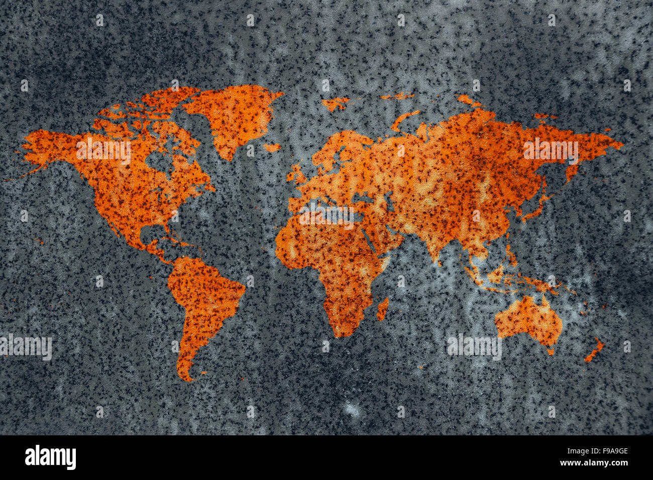 World decay, world map corrosion stained rusty metal surface out of ...