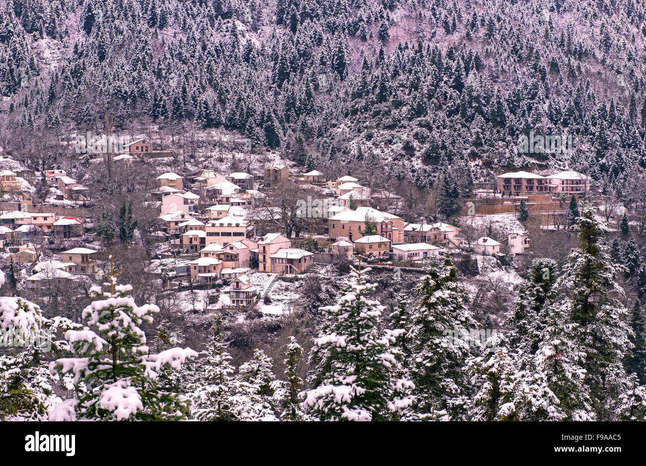 View of Athanasios Diakos village at the foot of the snowy Vardousia ...