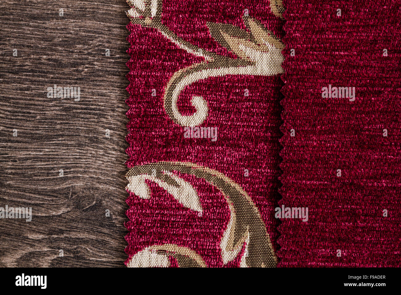 Close up detail of red color fabric texture background with flower ...