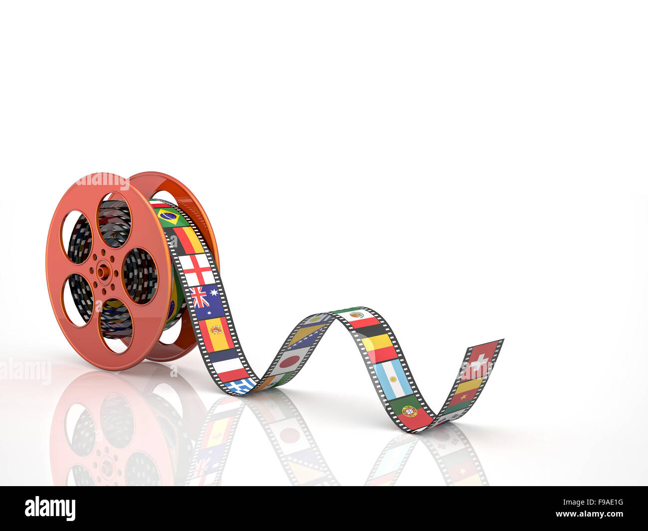 render of classic cinema film roll with flags Stock Photo - Alamy