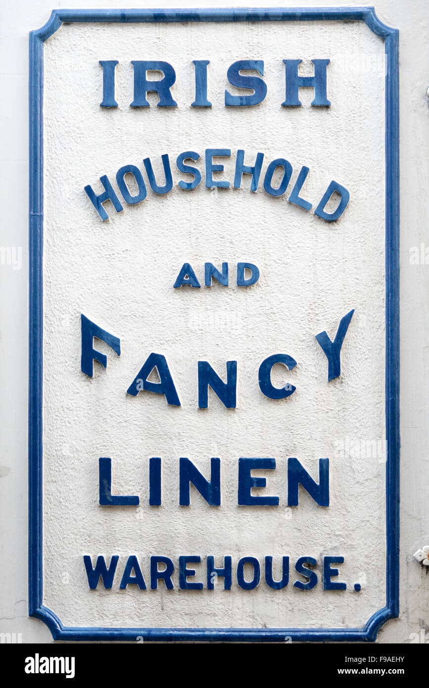 A sign for Irish household and fancy linen warehouse at Arnisons shop ...