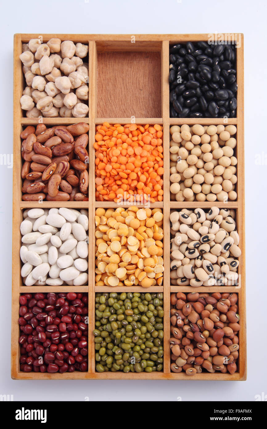 various beans contained in wood boxes Stock Photo - Alamy