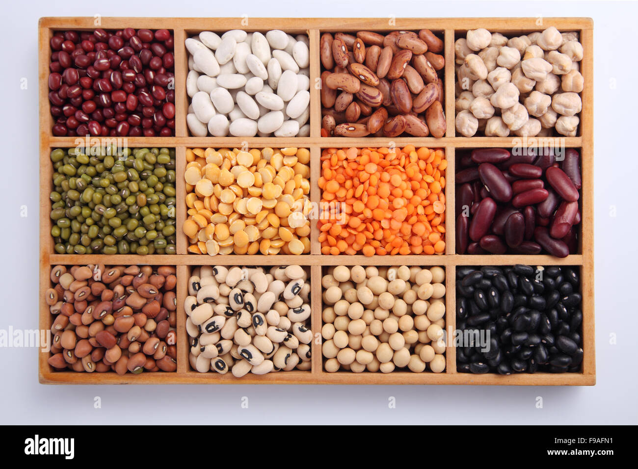 various beans contained in wood boxes Stock Photo - Alamy
