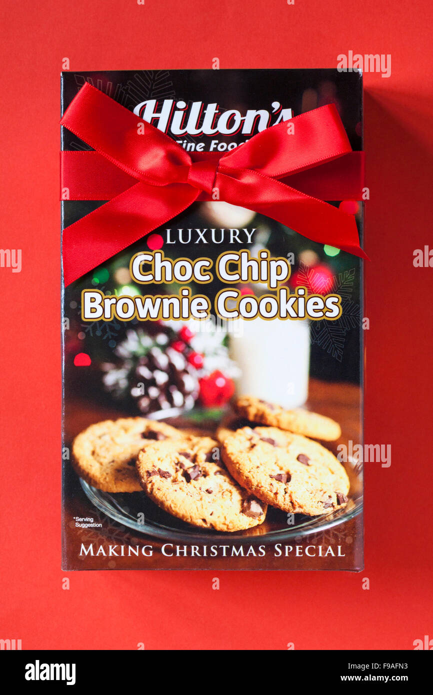 Box of Hilton's Fine Food luxury Choc Chip Brownie Cookies isolated on ...