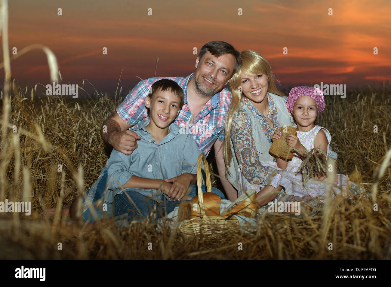 Family reading book in field Stock Photo - Alamy
