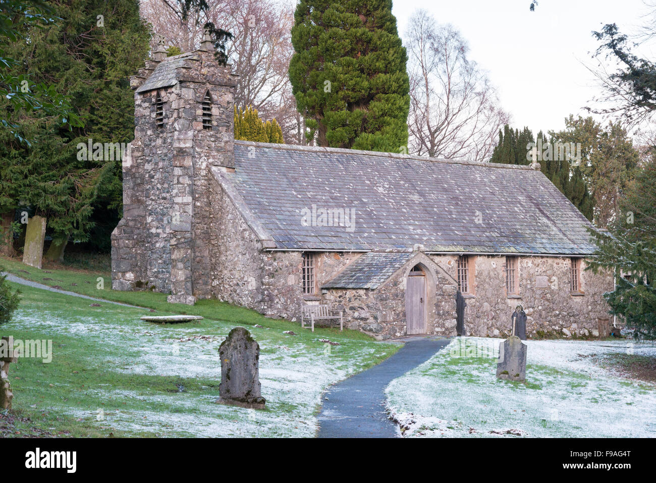 The church at Matterdale in the Lake District Cumbria UK with snow in ...