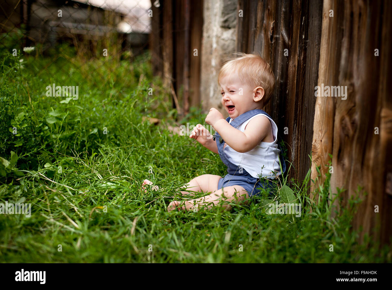 A little boy being uncomfort and unhappy on the farm Stock Photo - Alamy