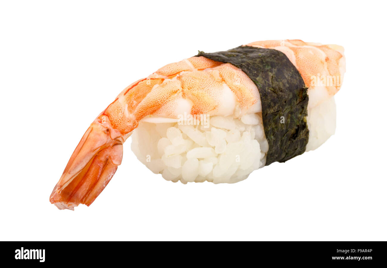 Shrimp sushi closeup isolated on white background Stock Photo - Alamy