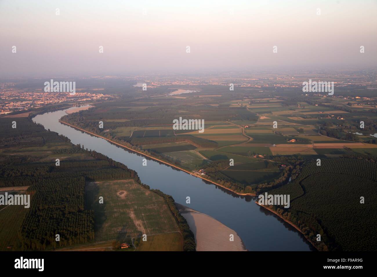 Aerial view of Po River, Padana Plain, Parma, Emilia Romagna Region ...