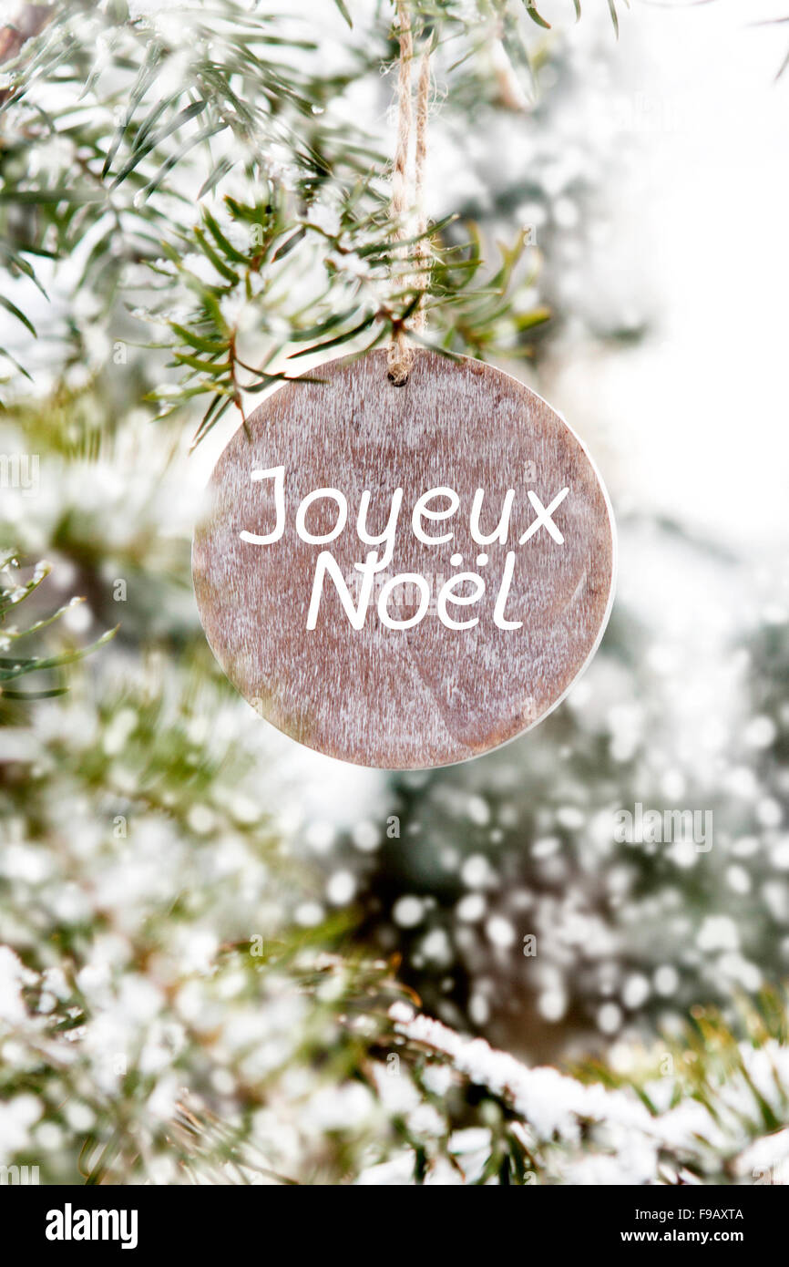 wooden tag with the french words 'joyeux noel' (merry christmas ...