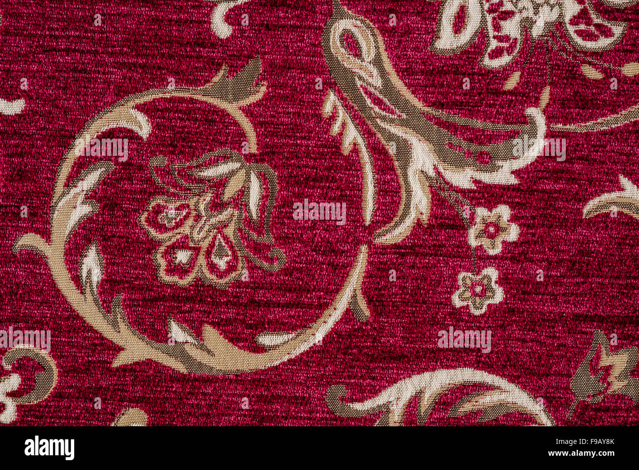 Close up detail of red color fabric texture background with flower ...