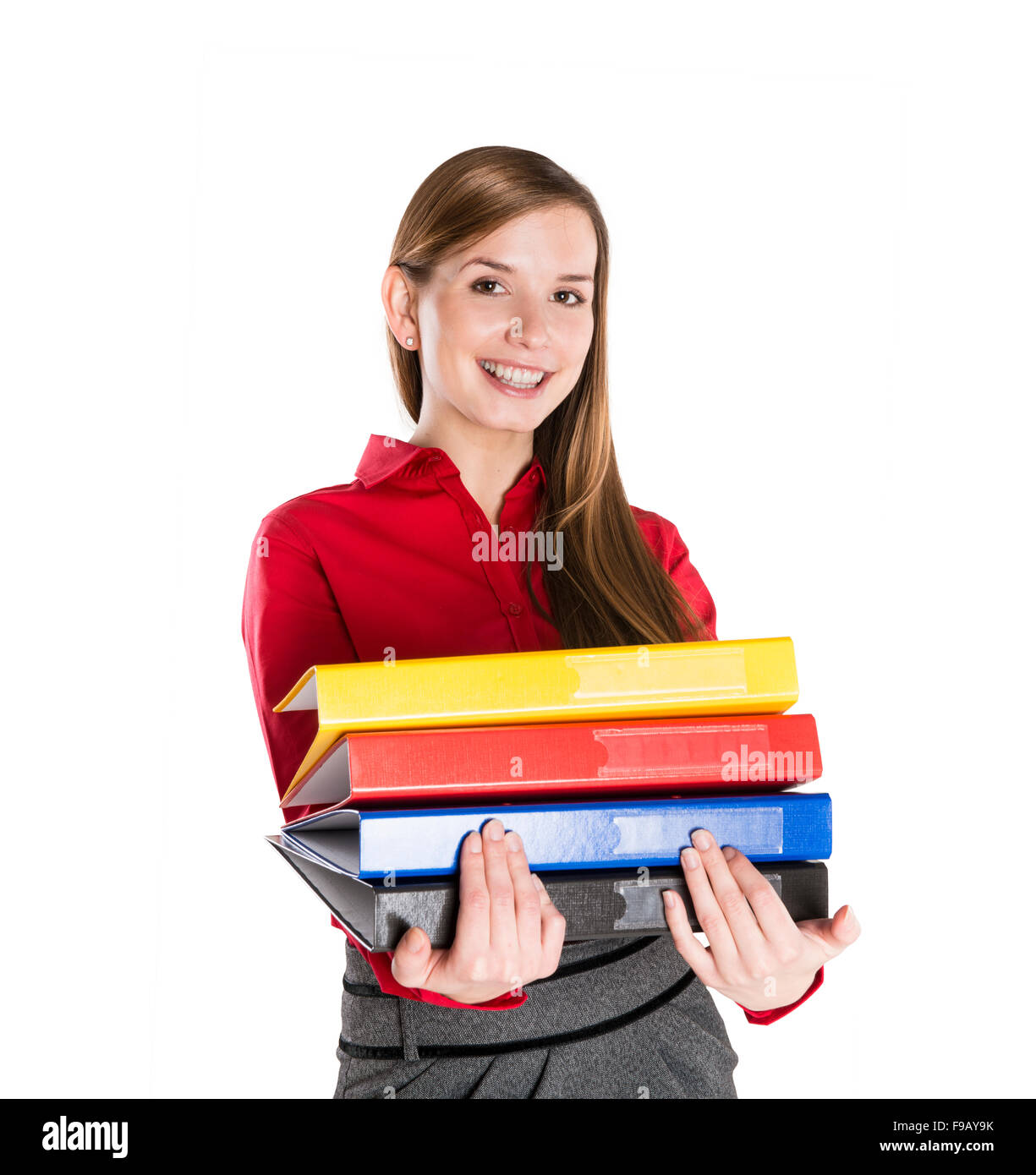 Successful business woman is standing with file folder on isolated ...