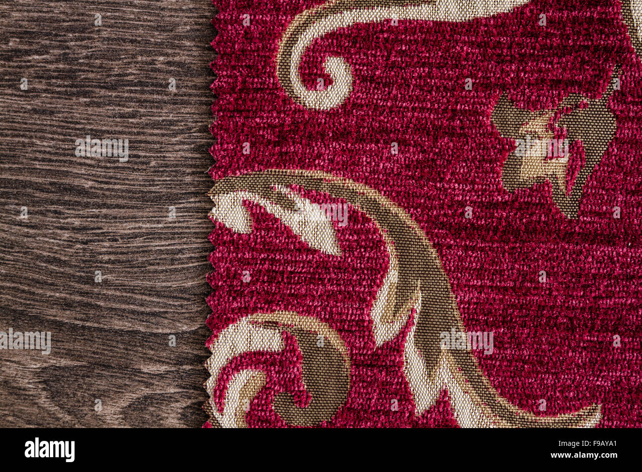 Close up detail of red color fabric texture background with flower ...
