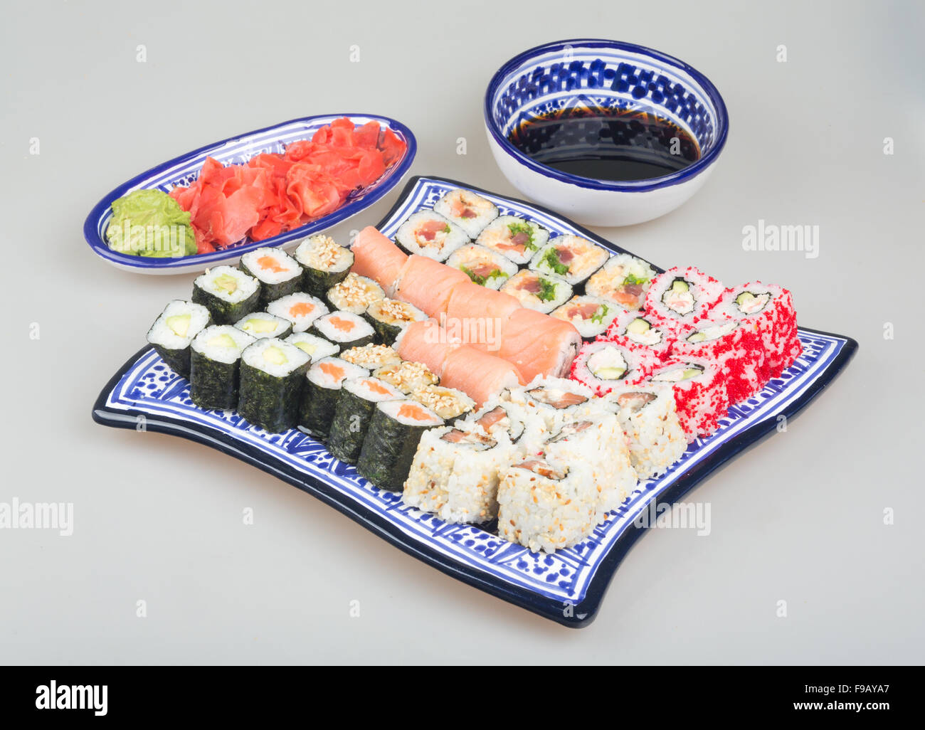 Sushi Set - Different Types of Maki Sushi and Nigiri Sushi Stock Photo ...