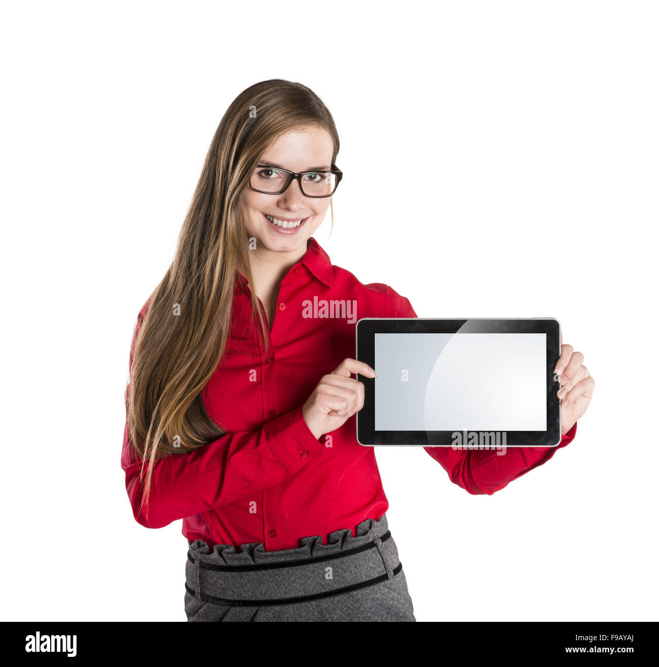 Young beautiful girl with pc tablet on white isolated background Stock ...