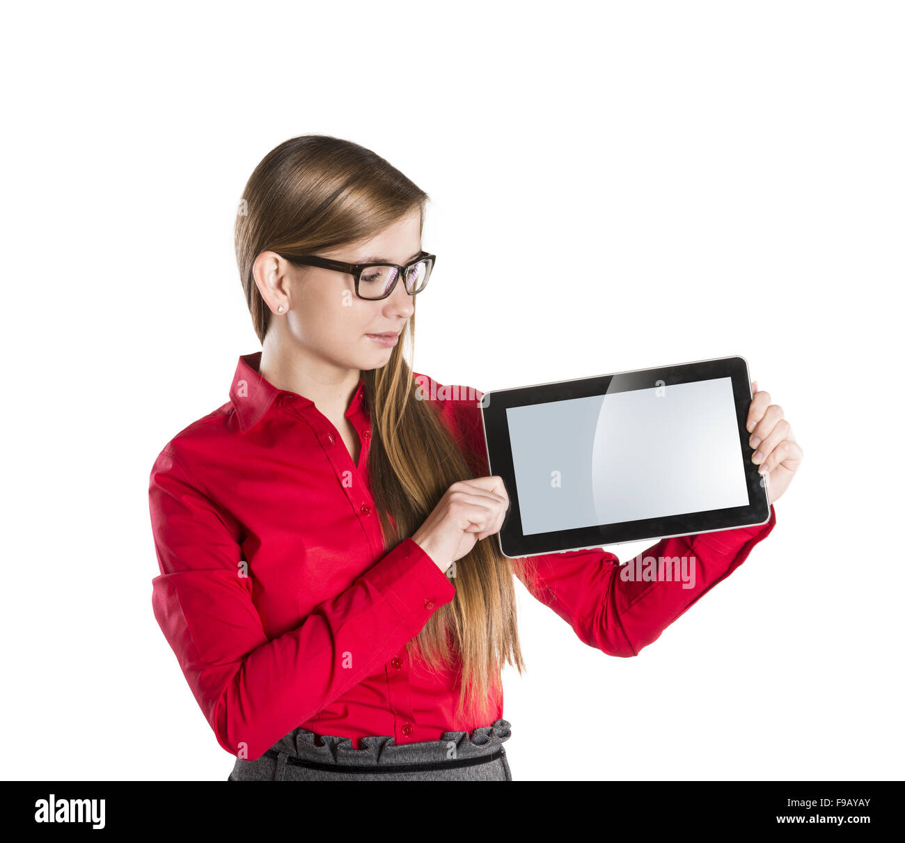 Young beautiful girl with pc tablet on white isolated background Stock ...
