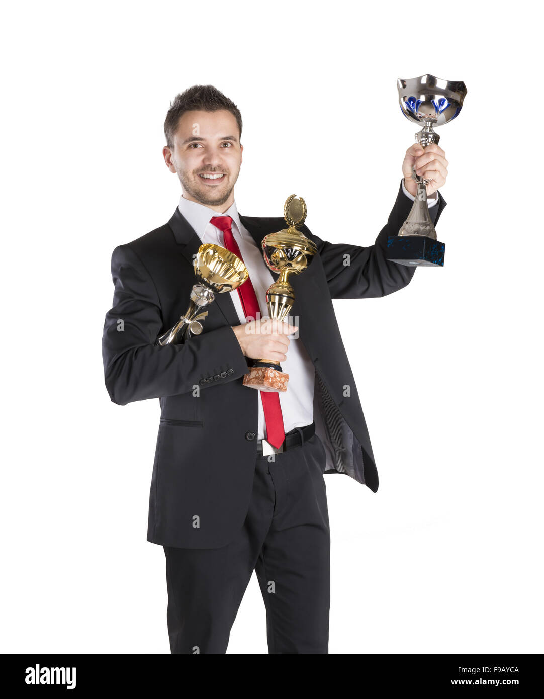 Successful business man is celebrating success on isolated white ...