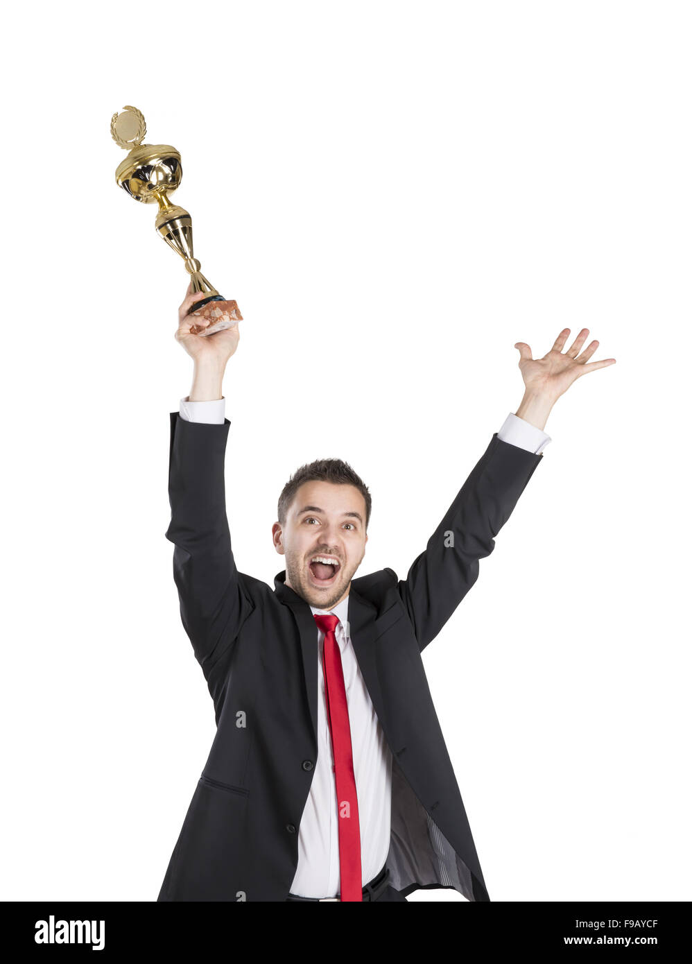 Successful business man is celebrating success on isolated white ...