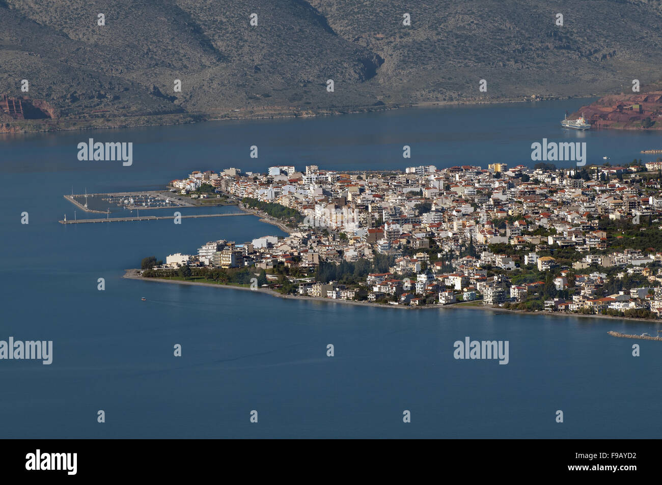 Panoramic view of Itea town, the seaport to the ancient Delphi and town ...