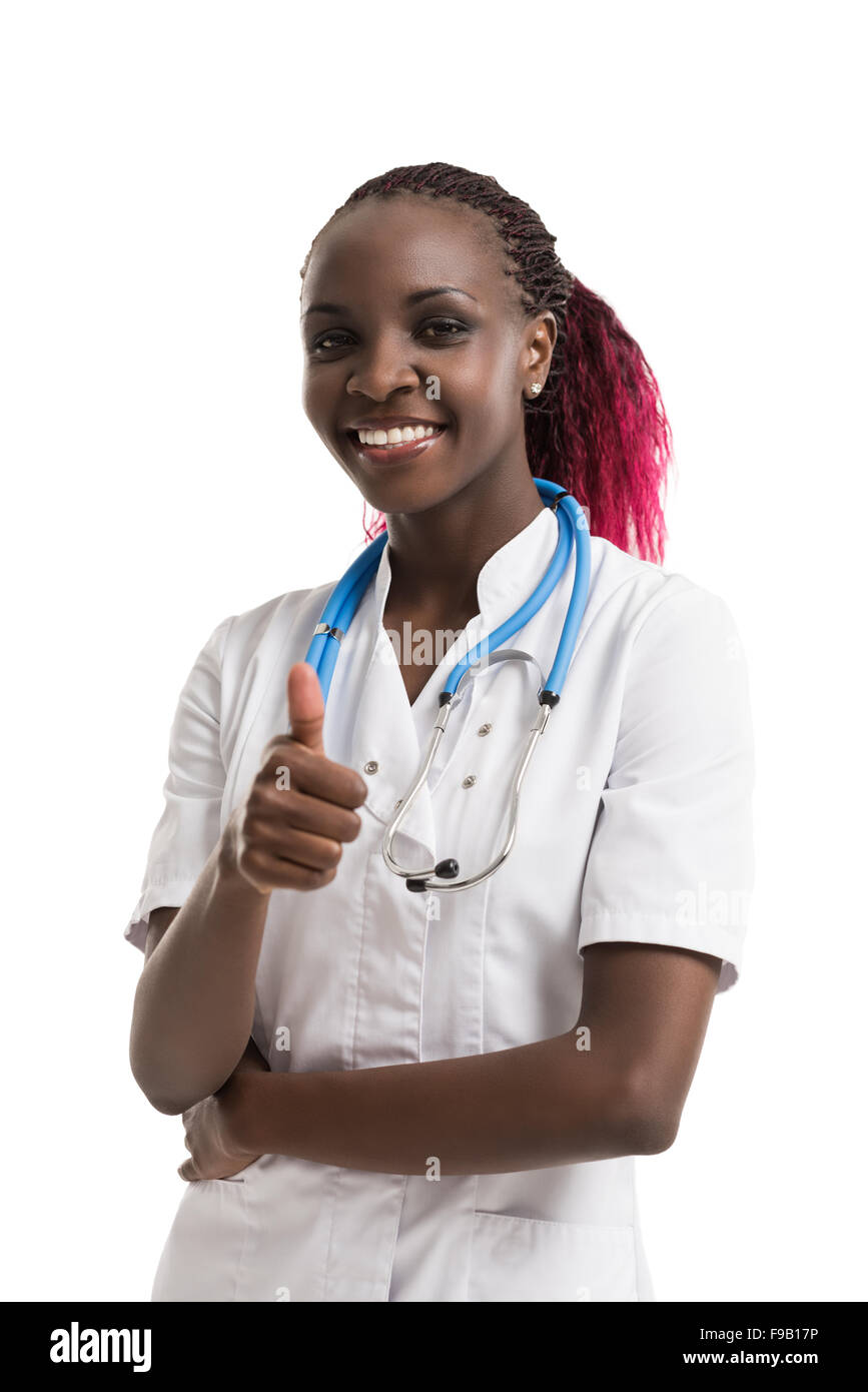 Happy African American trusted Doctor Woman isolated on white ...
