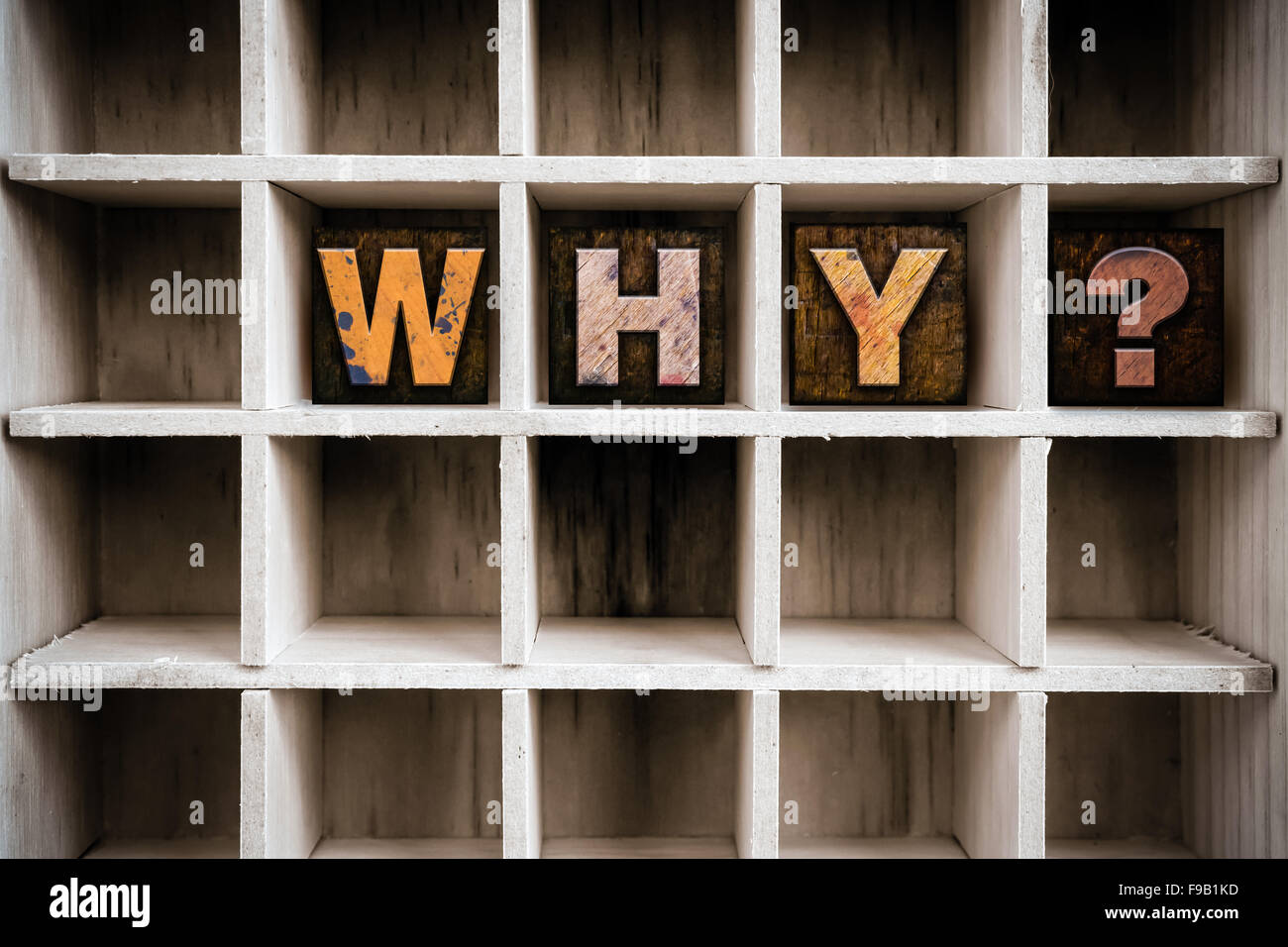 The word "WHY" written in vintage ink stained wooden letterpress type ...