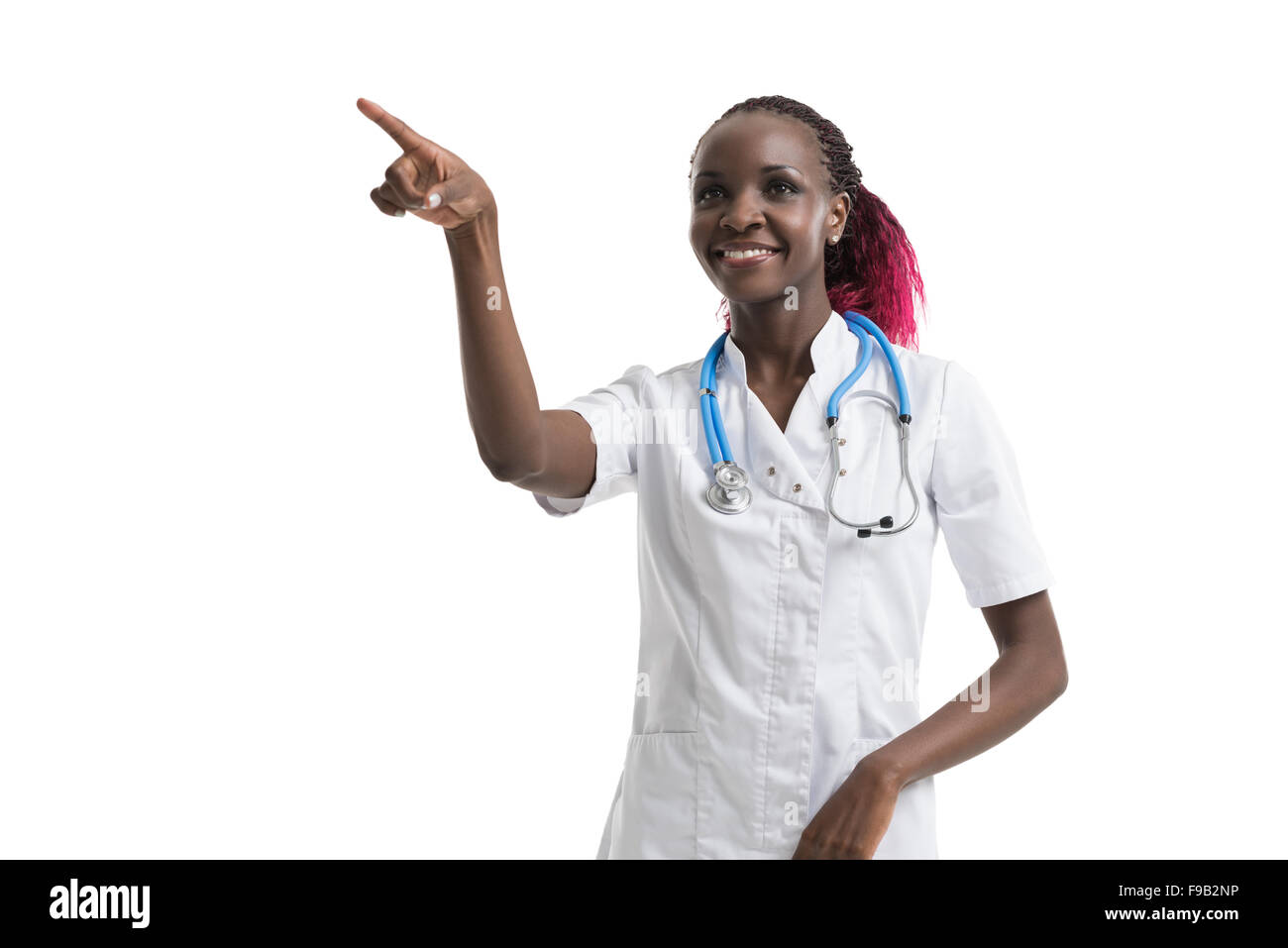 Female african doctor with stethoscope working with virtual screen ...