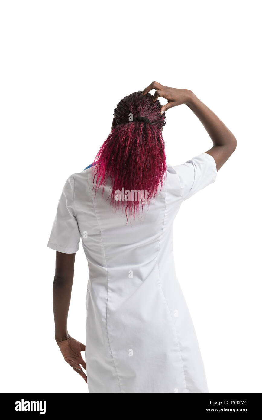 Rear view of medical doctor, woman standing back and thinking wear ...