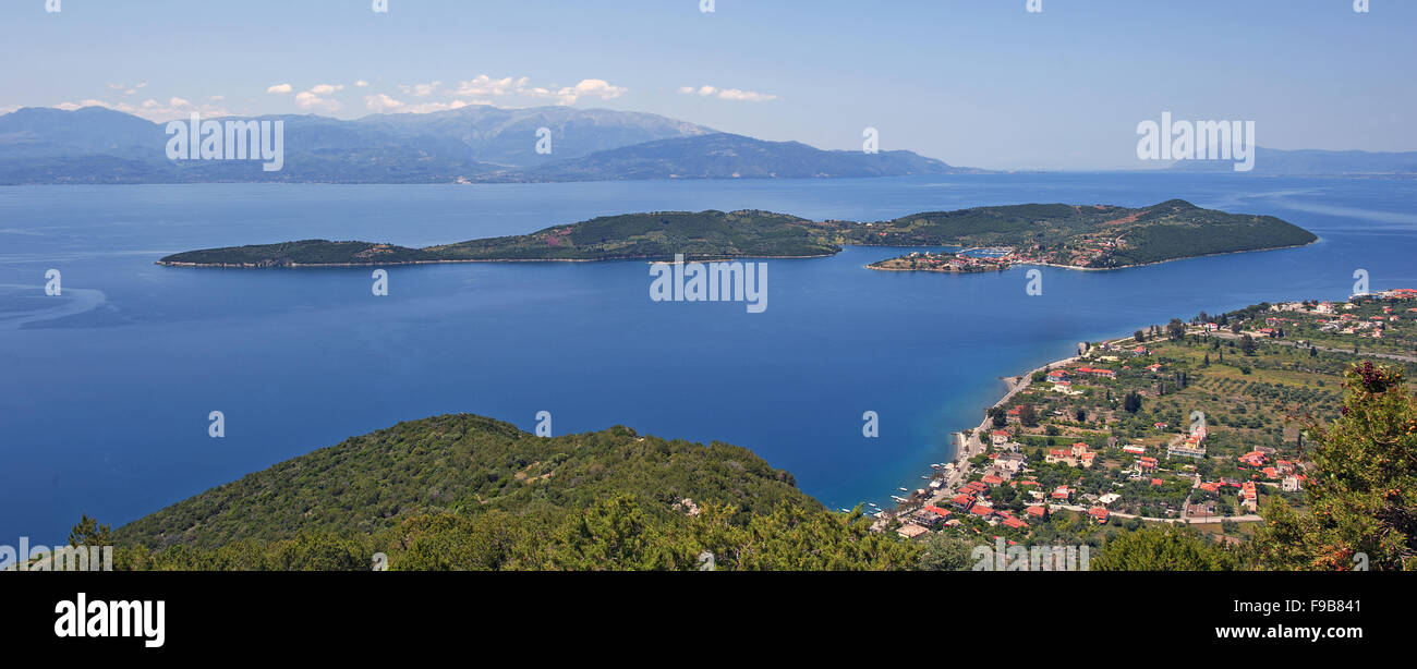 Panoramic view of Trizonia village and island situated in the ...