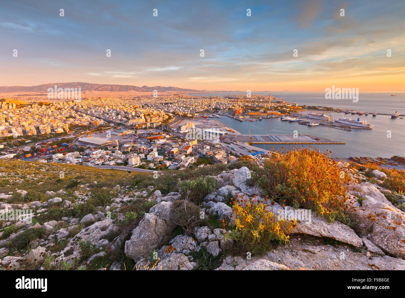 View of Piraeus harbour in Athens from the foothills of Aegaleo ...