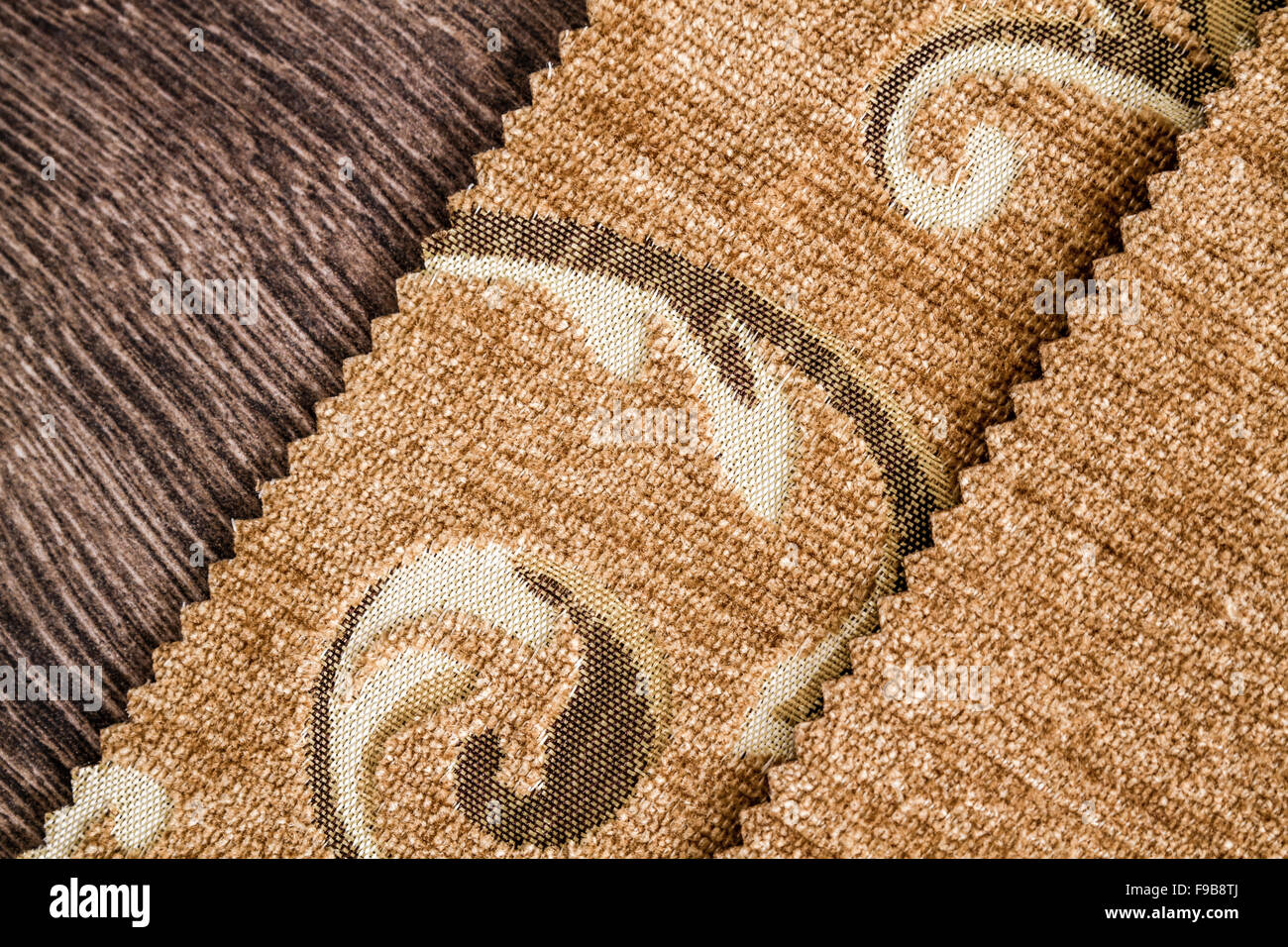 Close up detail of yellow color fabric texture background with flower ...
