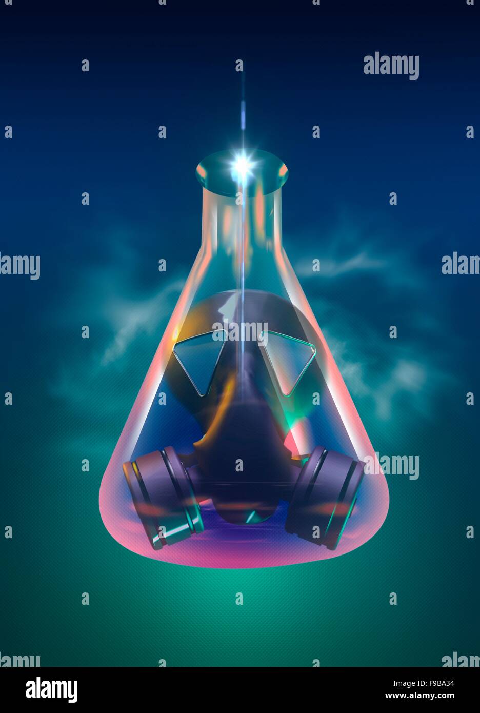 Conical flask and gas mask, computer illustration Stock Photo - Alamy